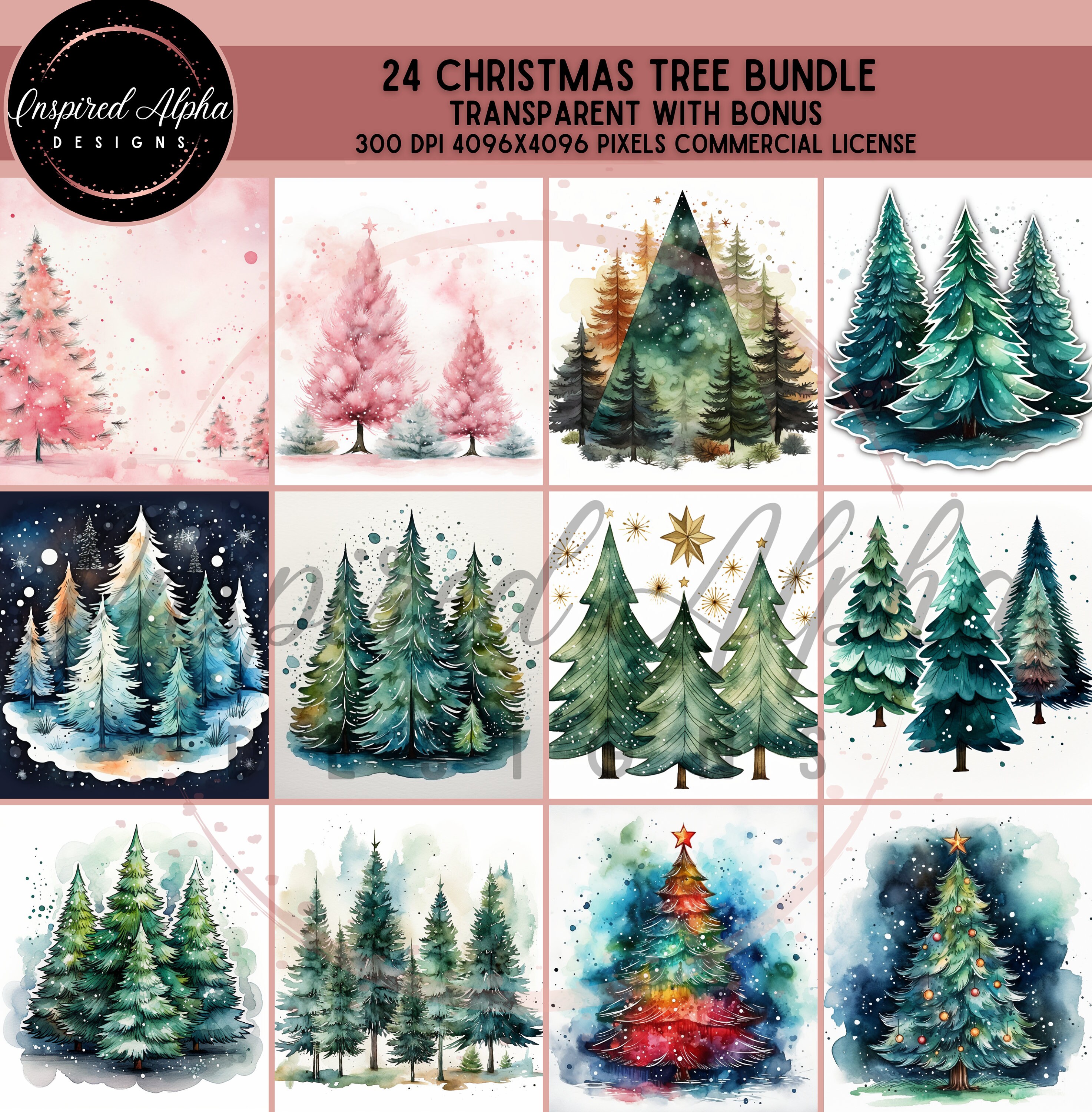 Watercolor Christmas Tree Clipart Bundle 24 Unique Designs - Etsy