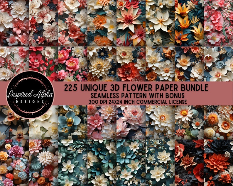 3D Floral Digital Paper: Seamless Flower Designs (24x24" PNG ...