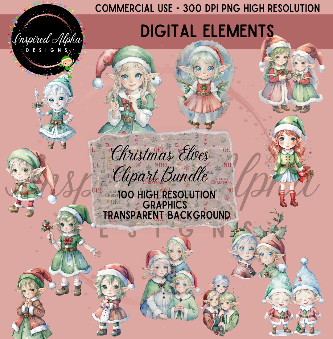 Watercolor Christmas Elf Clipart Bundle 100+ PNG Files, Commercial ...
