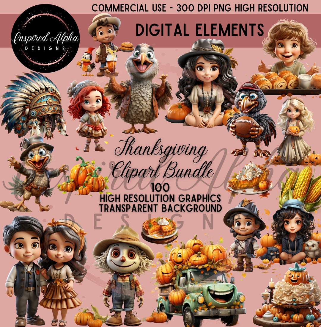 Thanksgiving Clipart Bundle: Turkeys, Pumpkins, Pilgrims (PNG ...