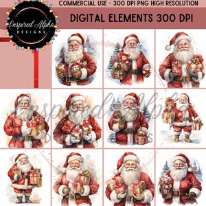 65 Watercolor Santa Claus Clipart Bundle: High-res Pngs, Commercial Use ...