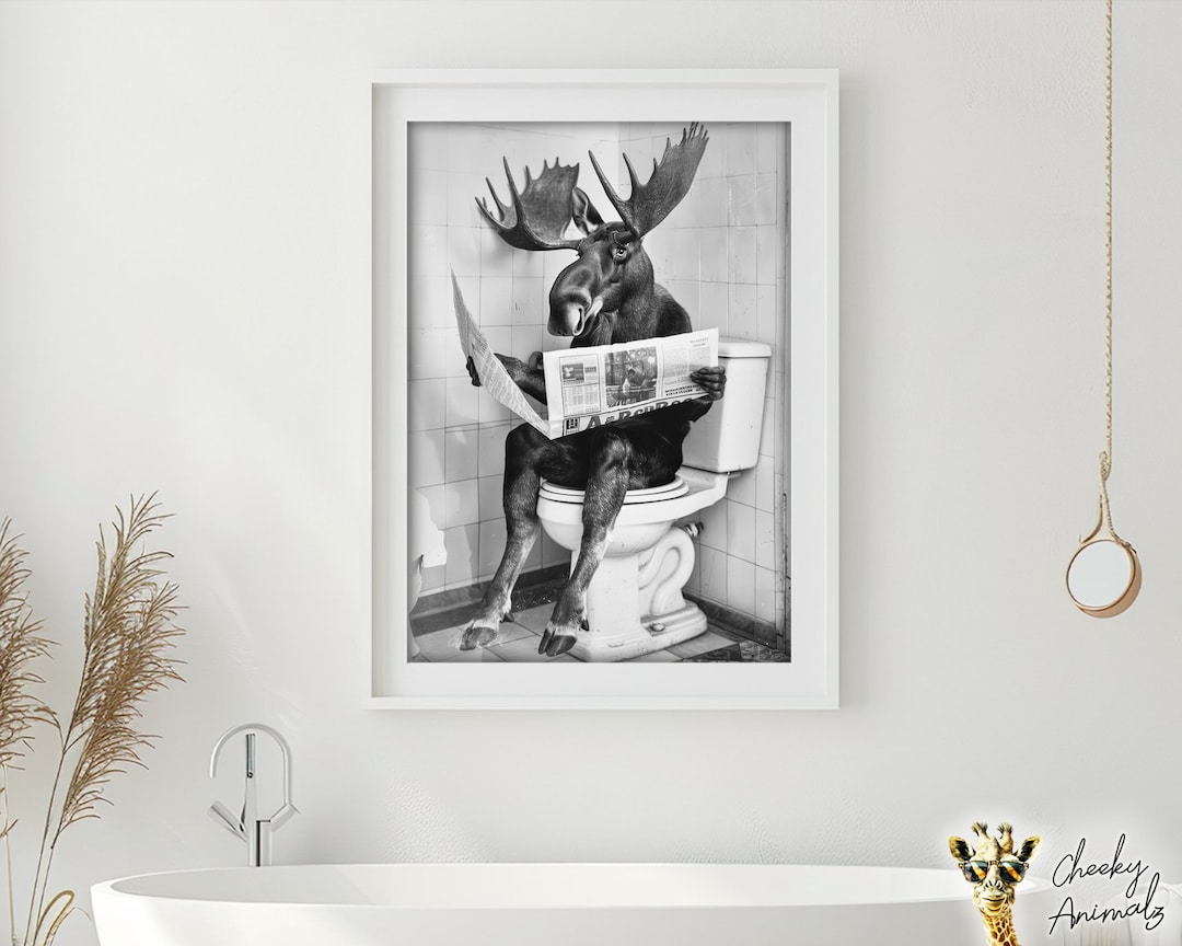 Funny Moose Bathroom Print: Animals on Toilet Wall Art (digital ...