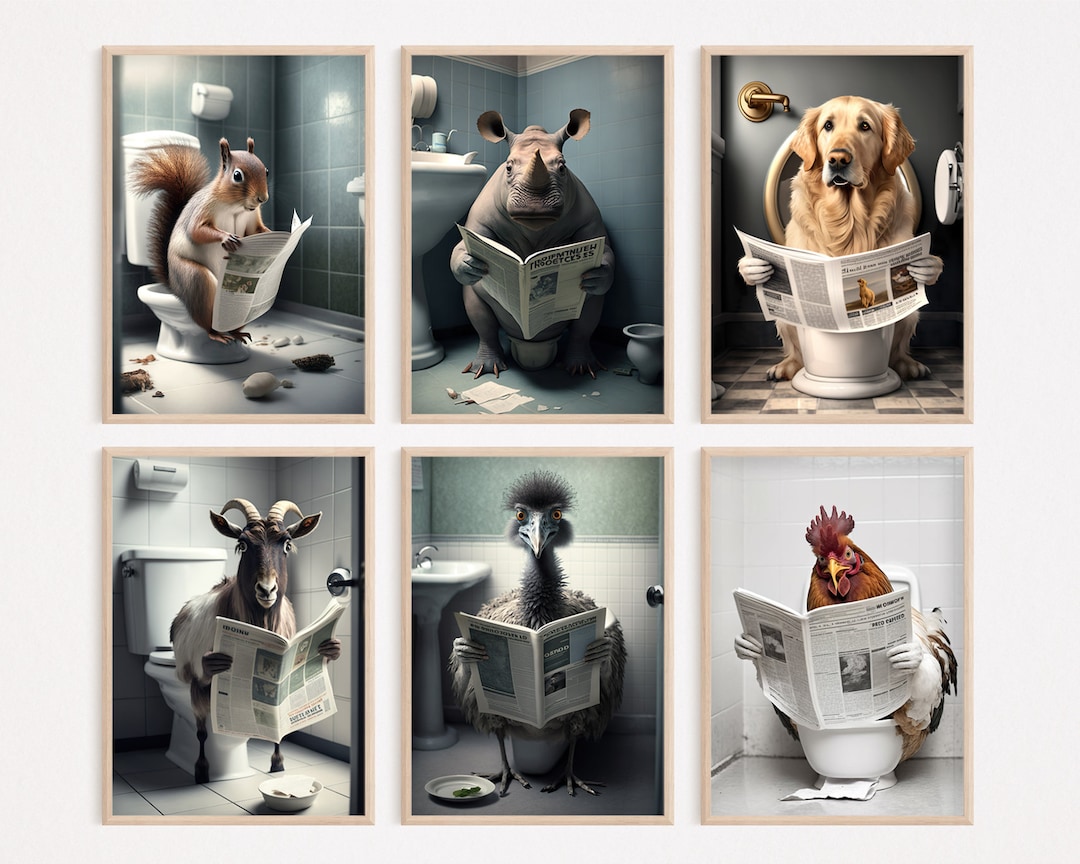 Animals Sitting on the Toilet Reading a Newspaper, Bundle of 6, Funny ...