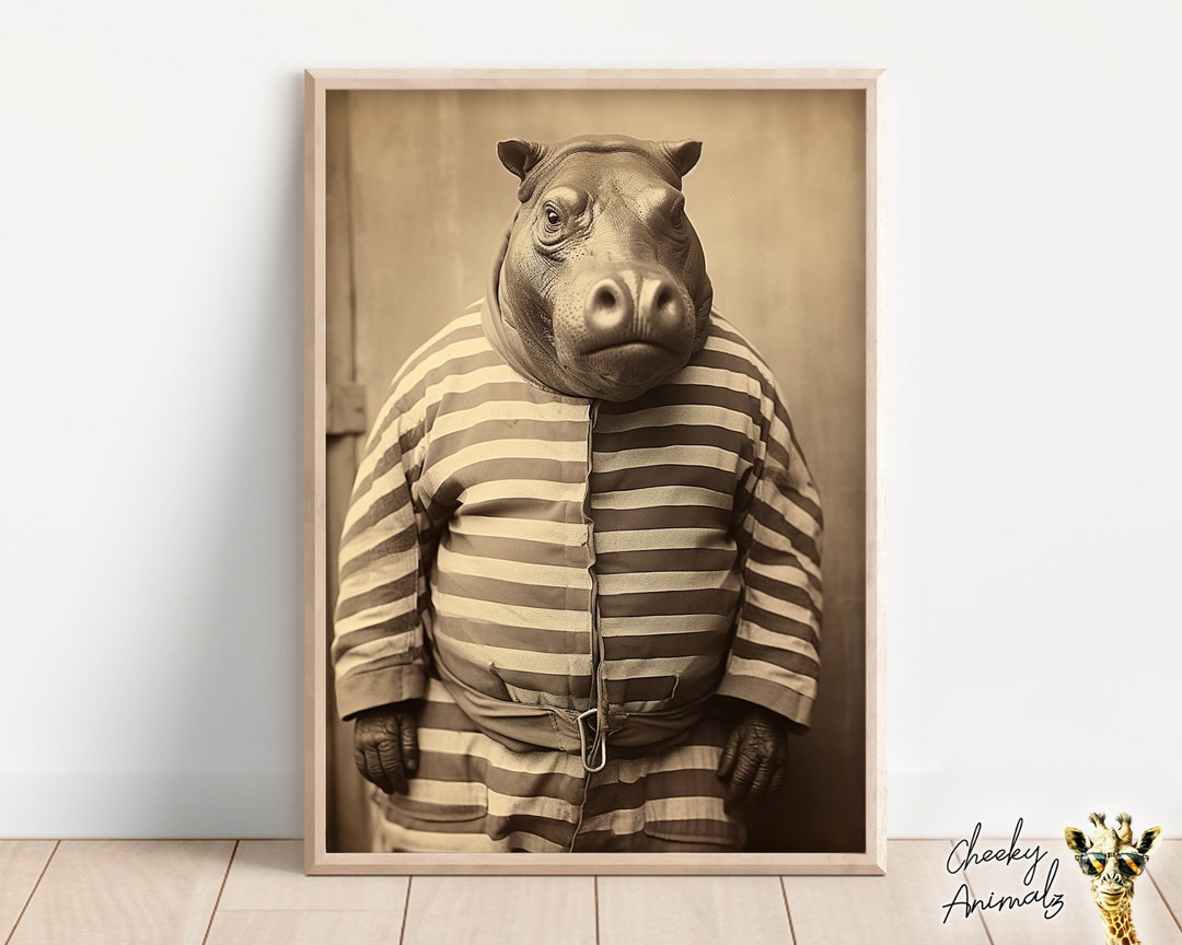 Hippo in Prison Wearing a Striped Suit, Funny Vintage Animal Print ...