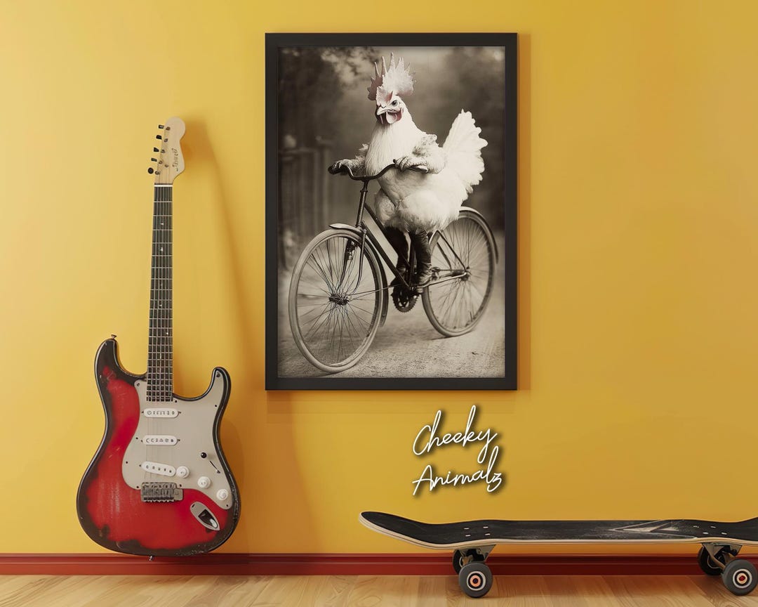 Chicken Riding a Bike, Funny Animal Wall Art, Chicken With Bicycle ...