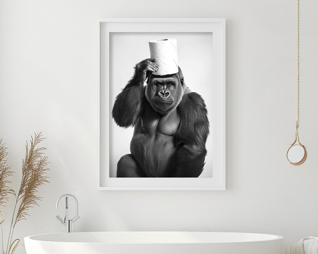 Gorilla With a Toilet Paper Roll on Head, Funny Bathroom Wall Art ...