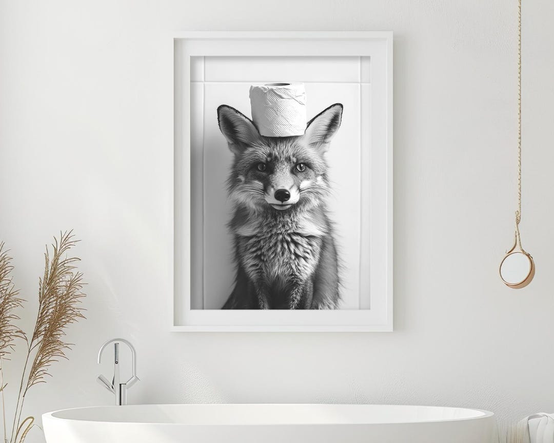 Fox With a Toilet Paper Roll on Head, Funny Bathroom Wall Art, Bathroom ...