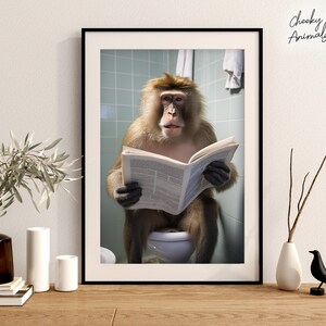 Baboon Ape Sitting on the Toilet Reading a Newspaper, Funny Bathroom ...