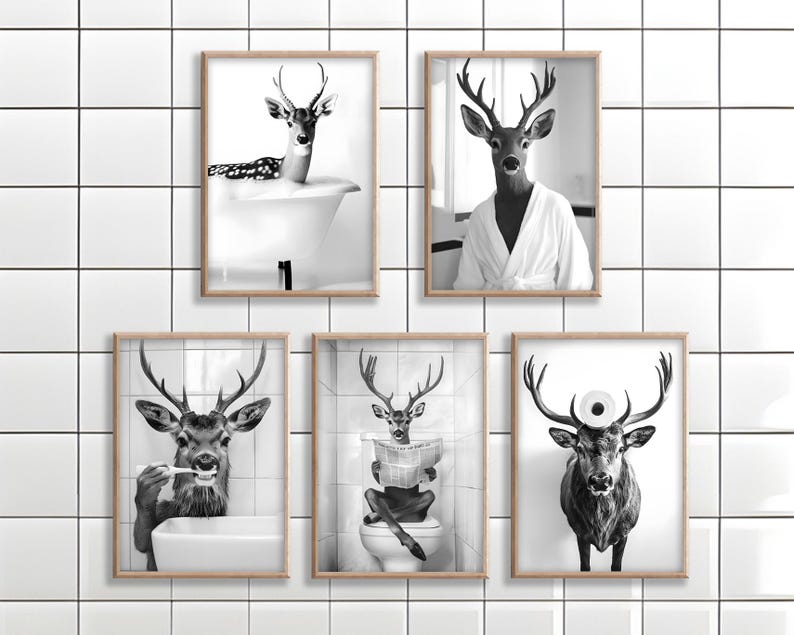 Funny Deer Bathroom Art Prints: Animal Wall Decor (digital Download) - Etsy