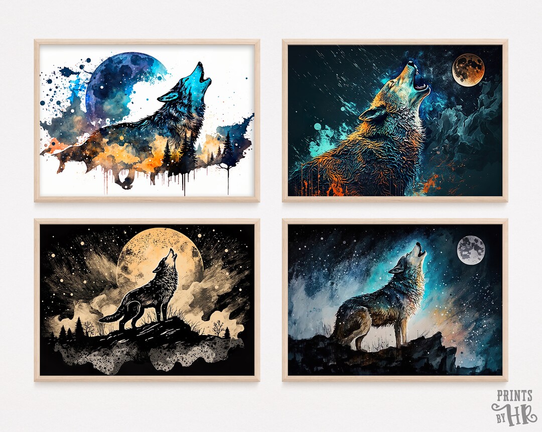 Wolf Howling at the Moon, Bundle of 4, Stylish Animal Art, Animal ...