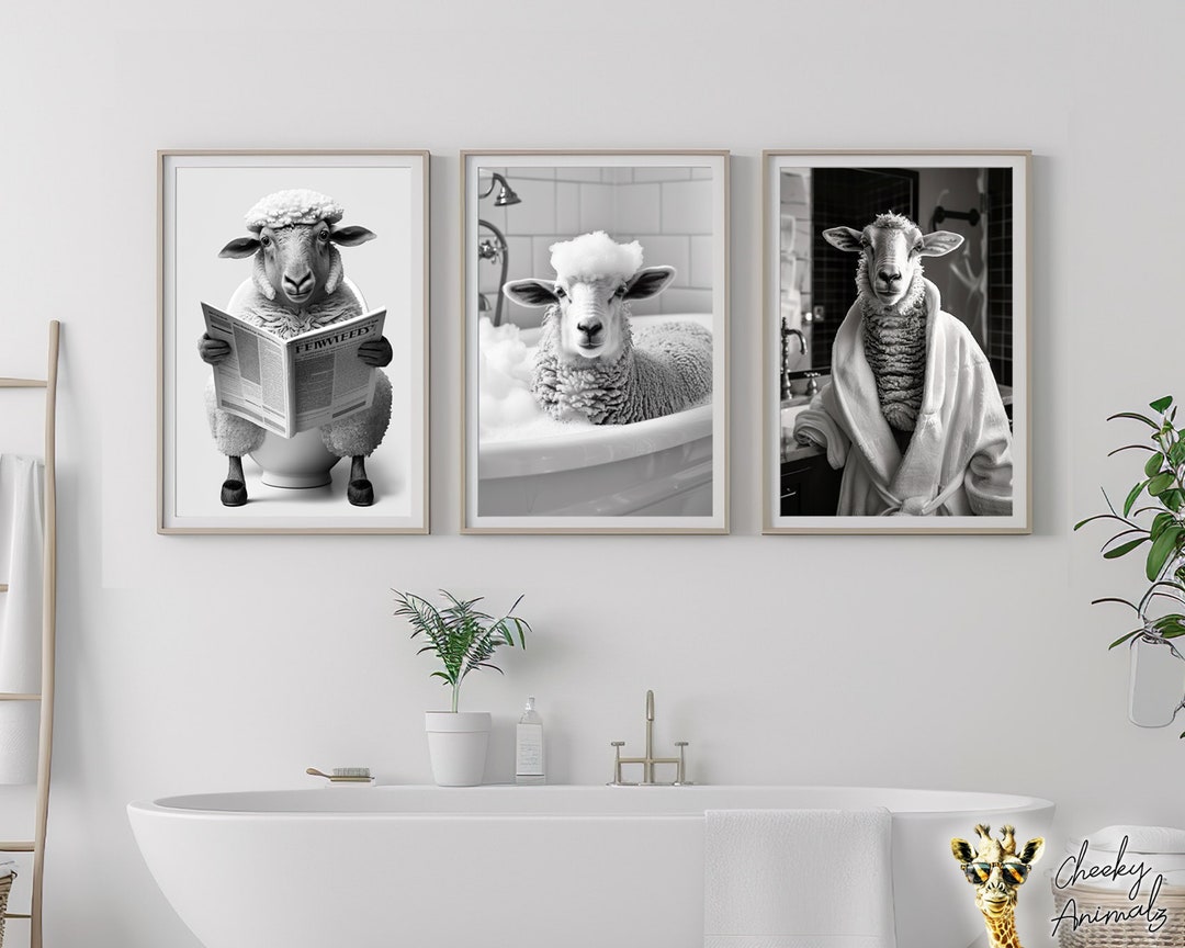 Funny Sheep Bathroom Wall Art, Bundle of 3, Funny Bathroom Prints, Sheep in Bathrobe, Sheep ...