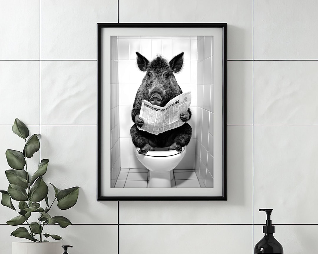 Wild Boar Sitting on the Toilet Reading a Newspaper, Funny Bathroom ...