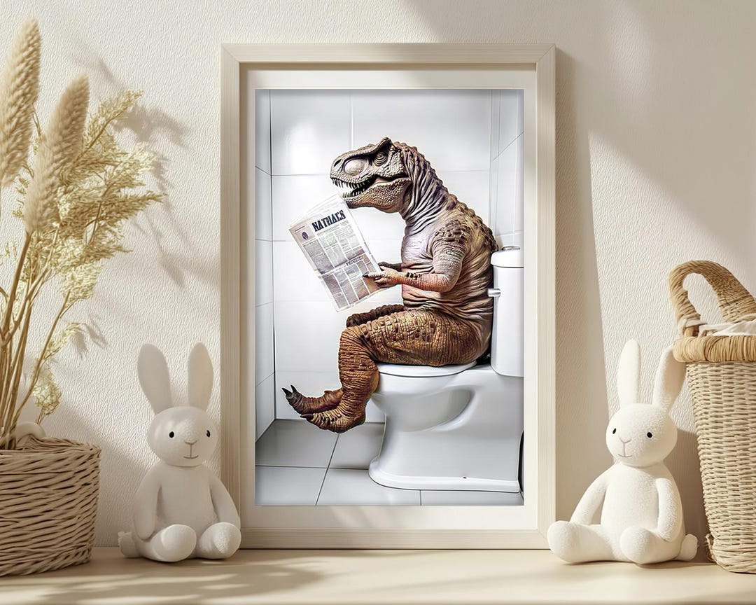Funny T-rex Bathroom Wall Art, Dinosaur on Toilet Reading Newspaper ...