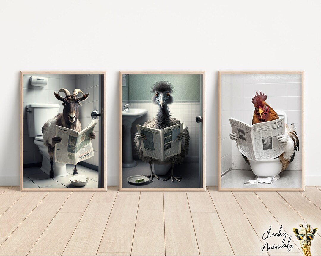 Animals Sitting on the Toilet Reading a Newspaper, Bundle of 3, Funny ...