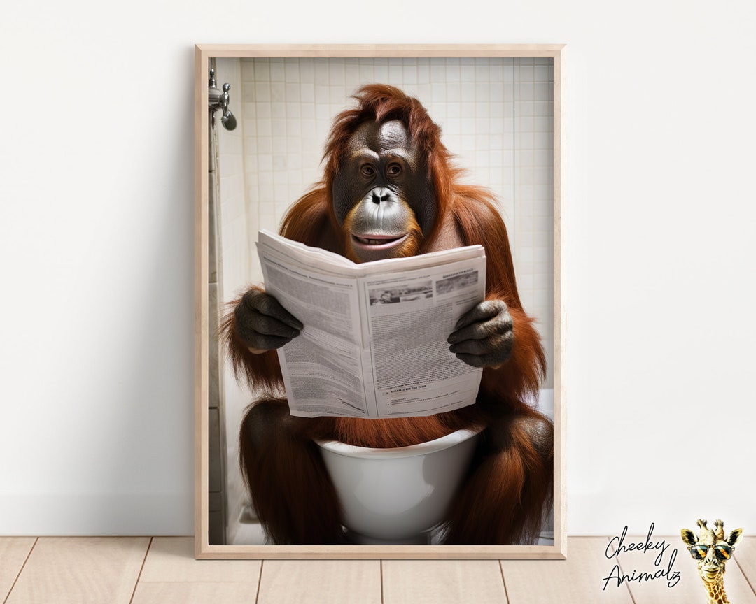Funny Orangutan Bathroom Print: Ape Reading Newspaper on Toilet ...