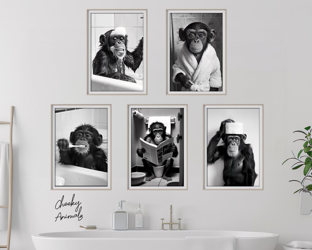 Funny Monkey Wall Art Bundle of 5, Animal Bathroom Photo Print Set ...