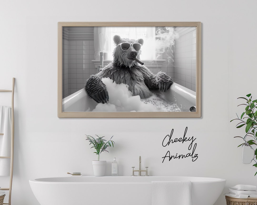 Cool Bear in Bathtub Smoking a Cigar, Funny Bathroom Wall Art, Vintage ...