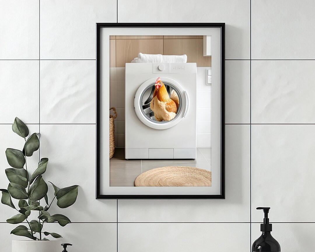 Funny Chicken in Washing Machine Print: Retro Laundry Room Decor ...
