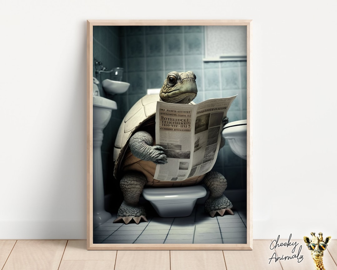 Funny Turtle Bathroom Print: Tortoise Reading Newspaper on Toilet ...