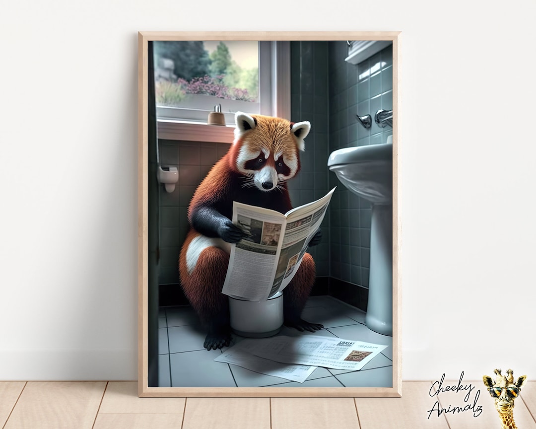 Red Panda Sitting on the Toilet Reading a Newspaper, Funny Bathroom ...