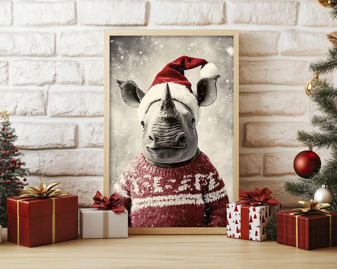 Cute Christmas Rhino, Funny Christmas Wall Art, Retro Winter Animals ...