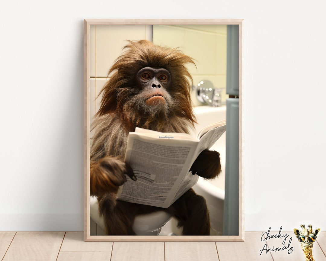 Funny Tamarin Monkey Bathroom Print: Newspaper Toilet AI Art (digital ...