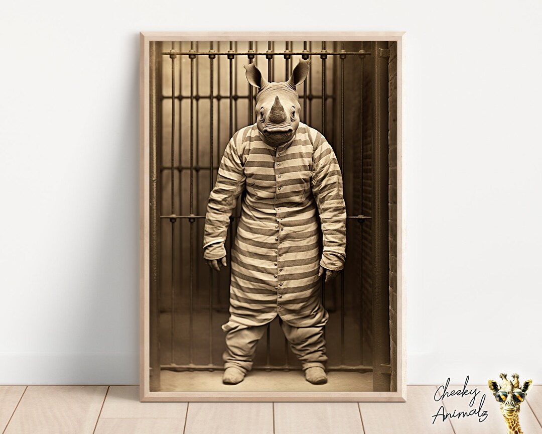 Rhino in Prison Wearing a Striped Suit, Funny Vintage Animal Print ...