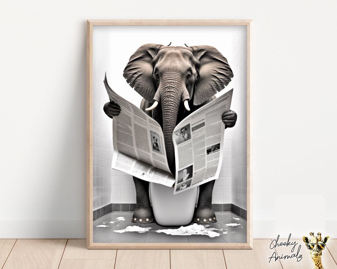 Elephant Sitting on the Toilet Reading a Newspaper, Funny Bathroom ...