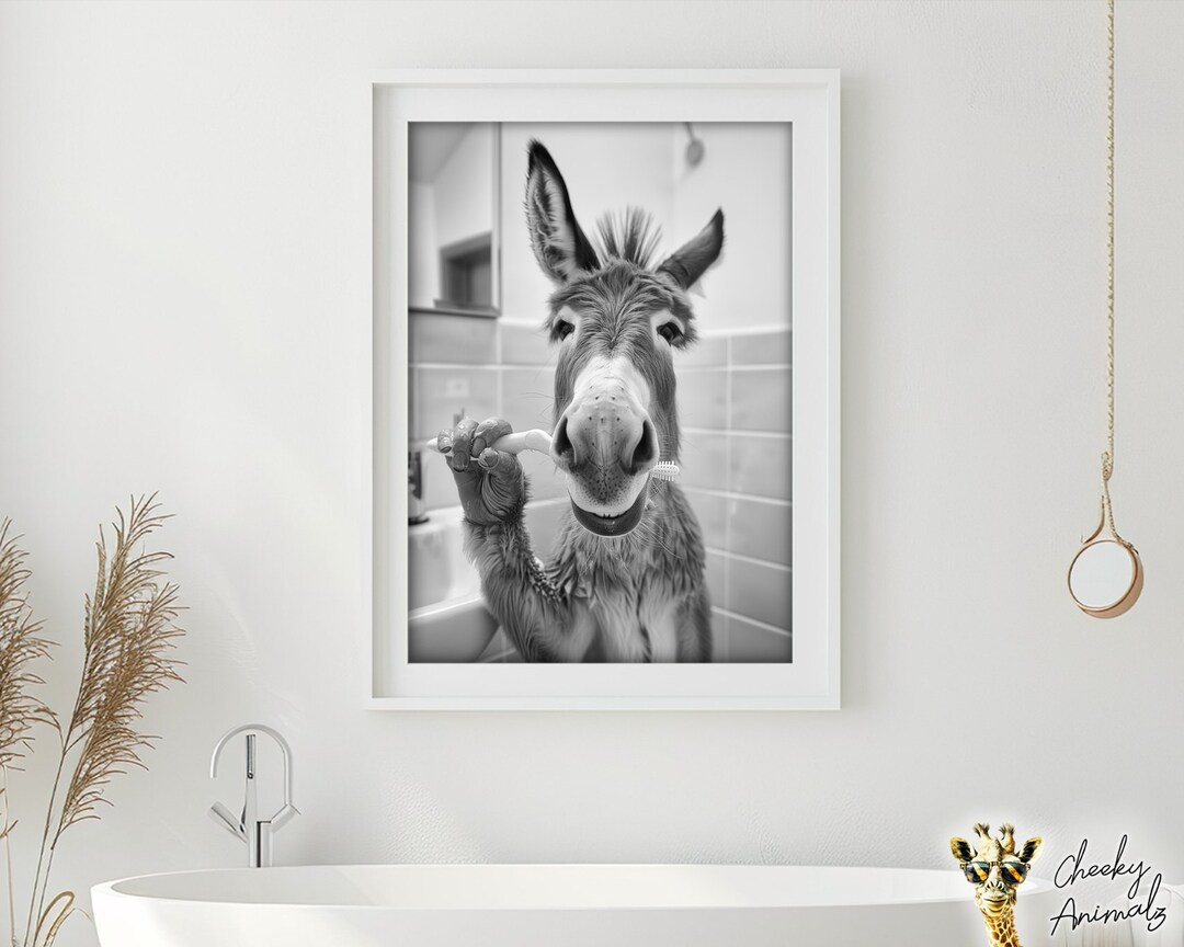 Funny Bathroom Wall Art, Donkey Brushing Teeth, Printable Bathroom Art ...