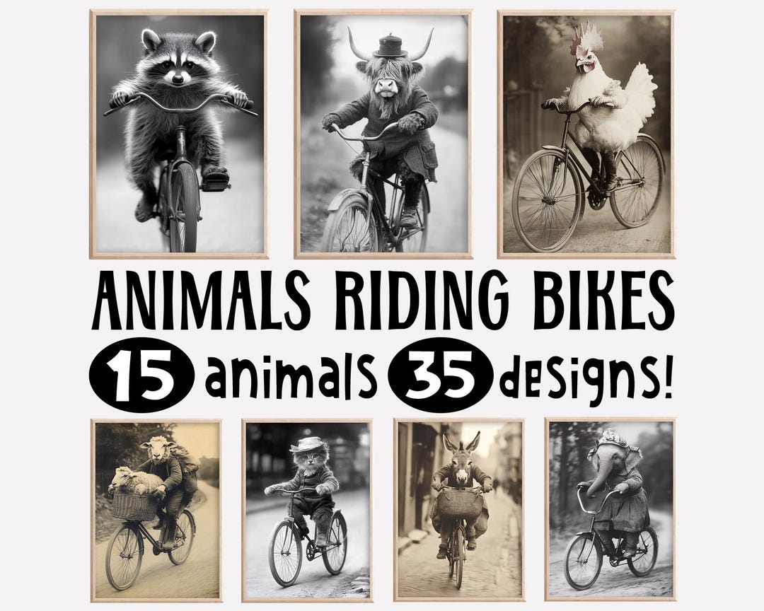 Animals Riding Bikes, Funny Animal Wall Art Bundle, Animals on Bicycle ...