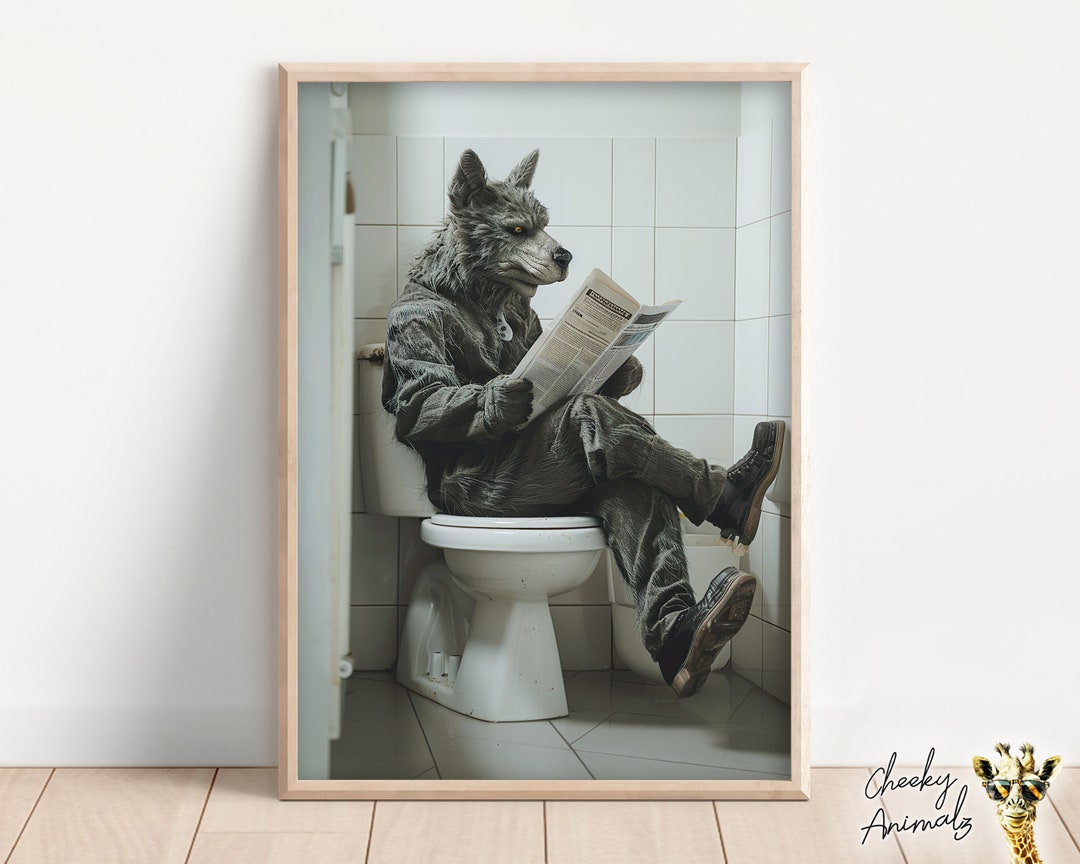 Werewolf Sitting on the Toilet Reading a Newspaper, Funny Bathroom ...