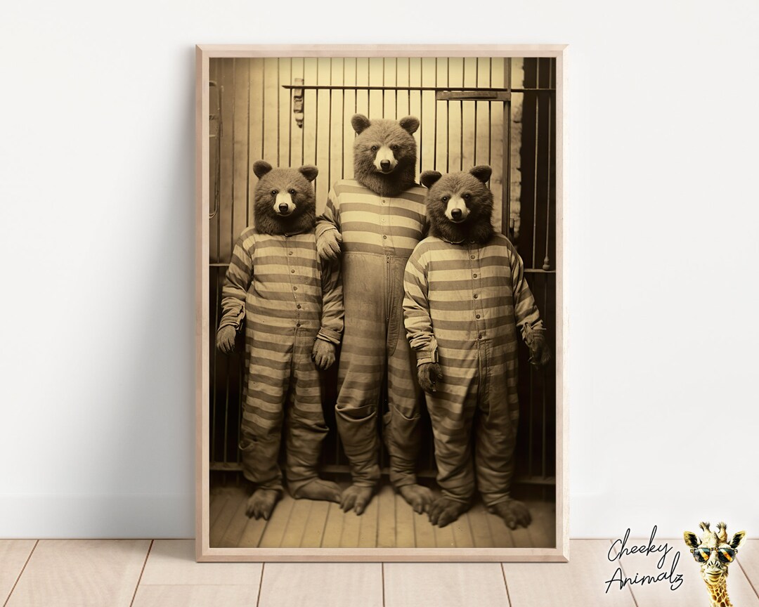 Bears in Prison Wearing a Striped Suit, Funny Vintage Animal Print ...