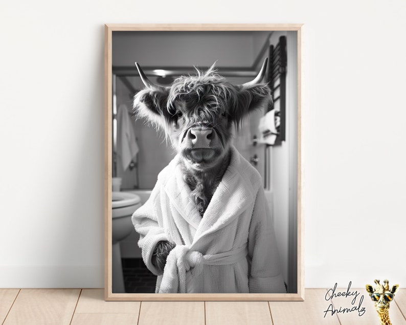 Funny Highland Cow Bathroom Art Prints: Bath, Toilet, Bathrobe (digital ...