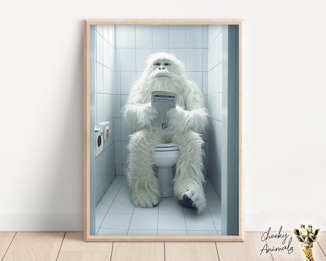 Yeti Sitting on the Toilet Reading a Newspaper, Funny Bathroom Humor ...