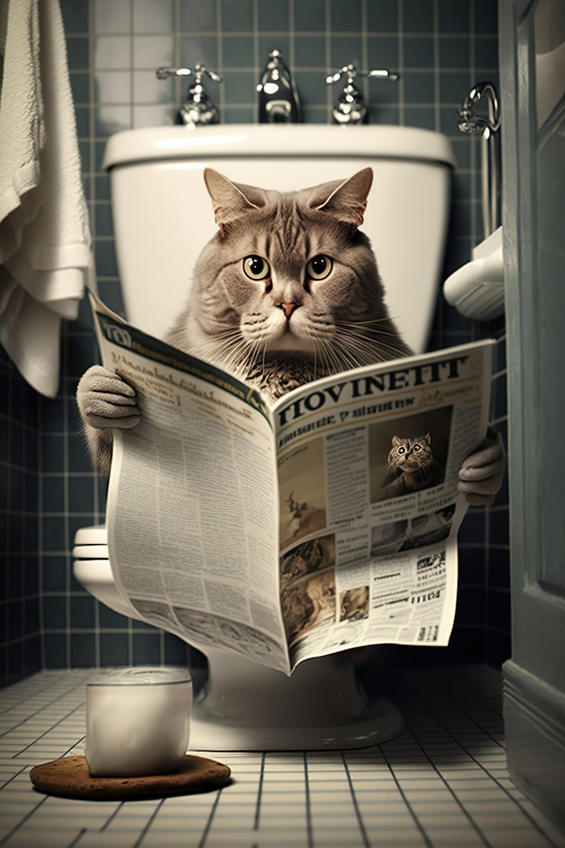 Cat Sitting on the Toilet Reading a Newspaper Funny Bathroom - Etsy