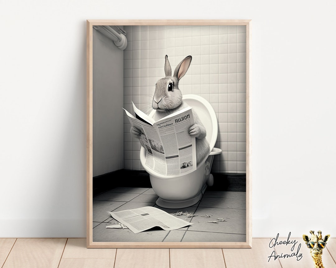 Rabbit Sitting on the Toilet Reading a Newspaper, Funny Bathroom Humor ...