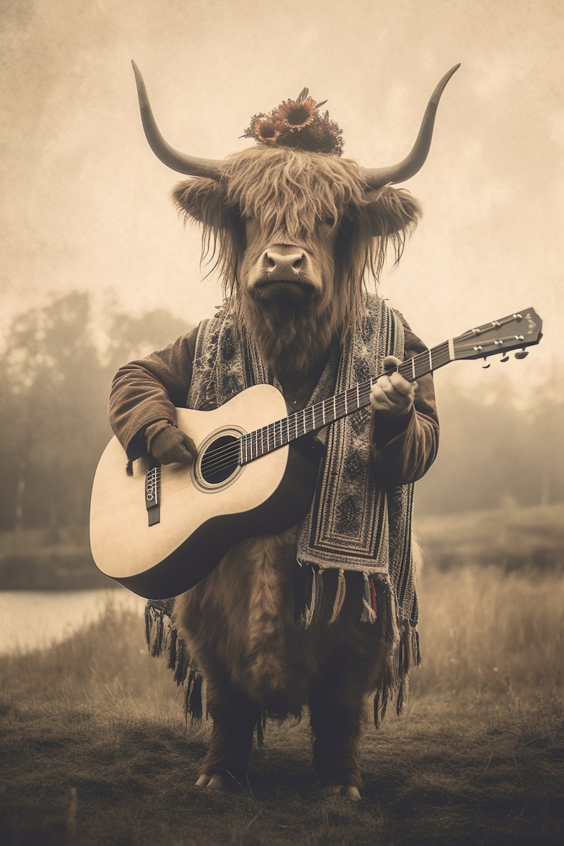 Highland Cow Playing Guitar Funny Vintage Animal Print Cow - Etsy