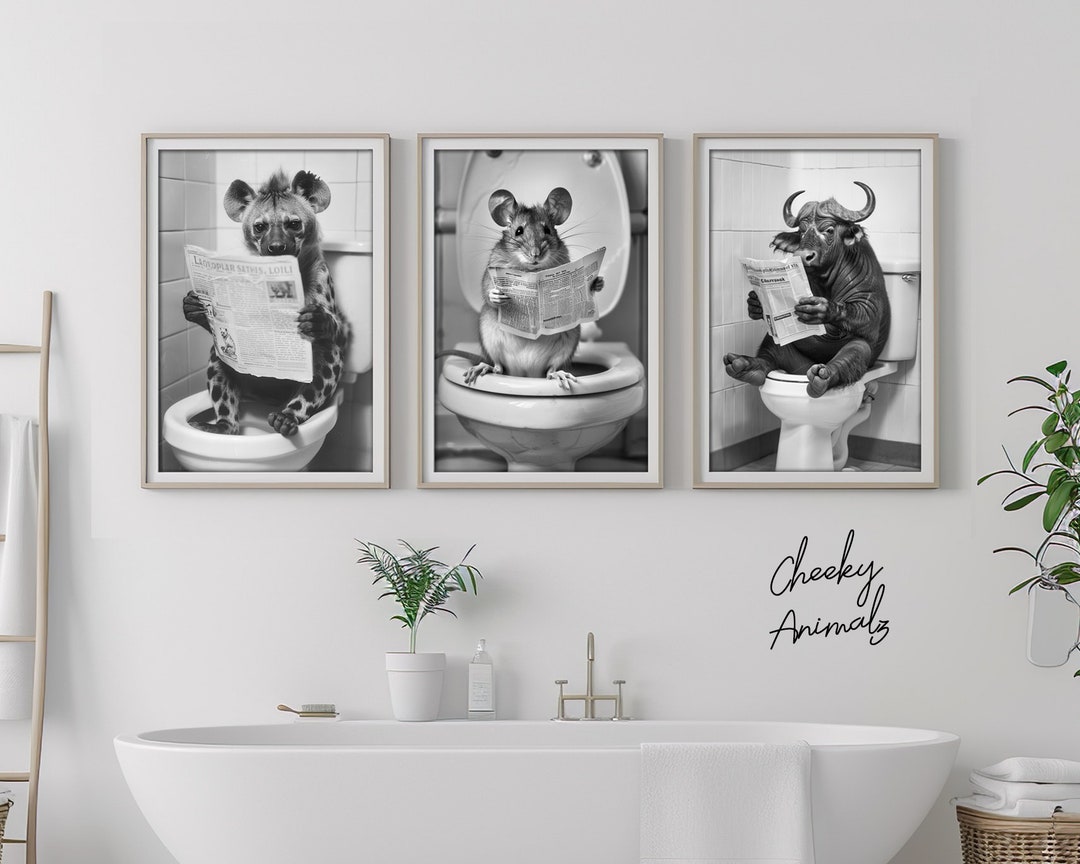 Animals Sitting on the Toilet Bundle of 3, Funny Bathroom Wall Art ...