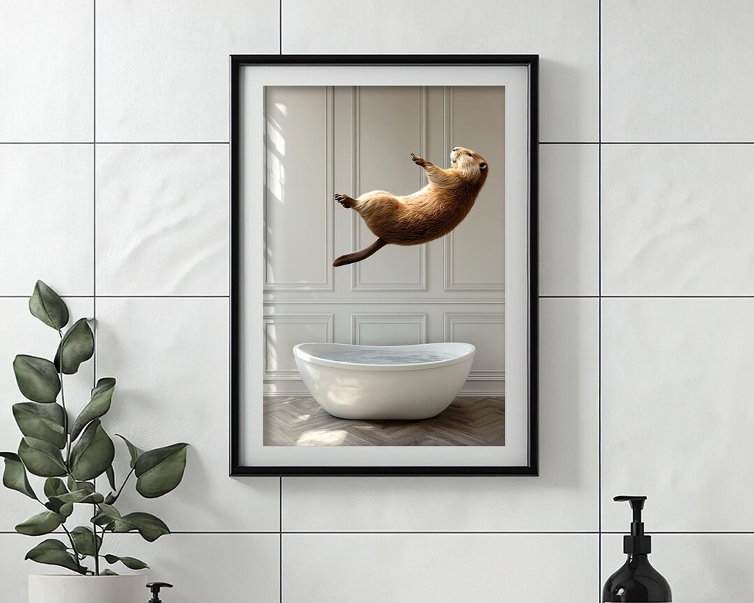 Beaver Jumping Into Bathtub, Funny Bathroom Wall Art Decor, Animals ...
