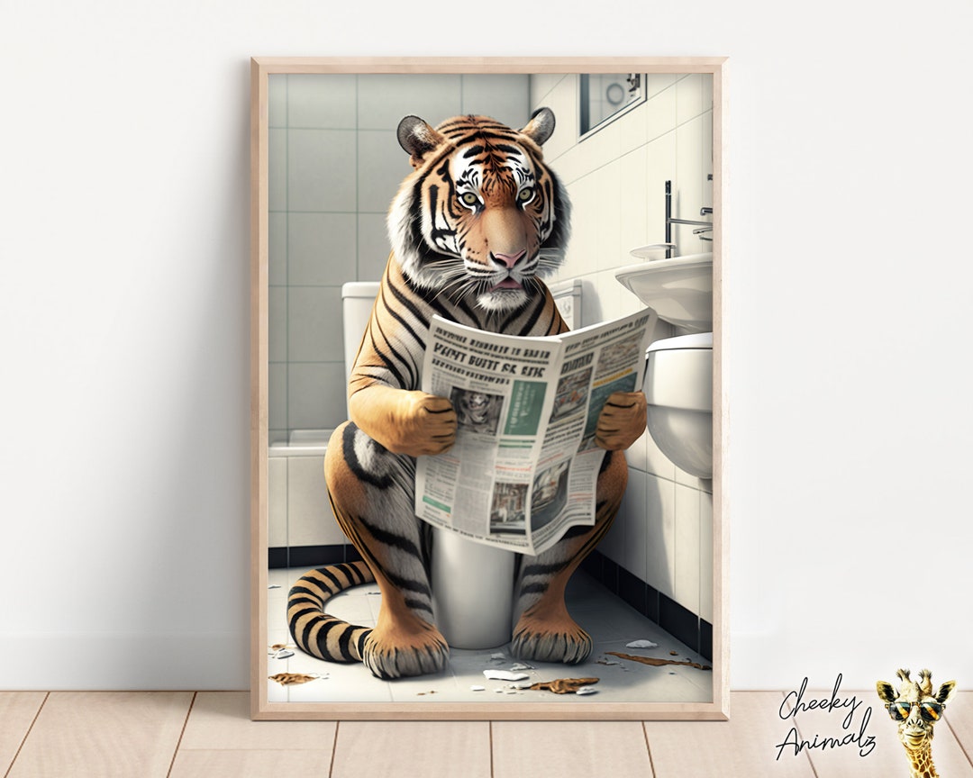 Tiger Sitting on the Toilet Reading a Newspaper, Funny Bathroom Humor ...
