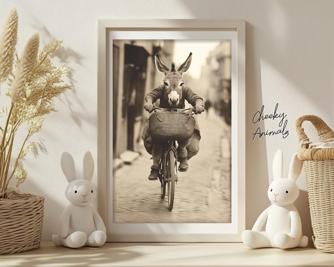 Donkey Riding a Bike, Funny Animal Wall Art, Donkey With Bicycle, Funny ...