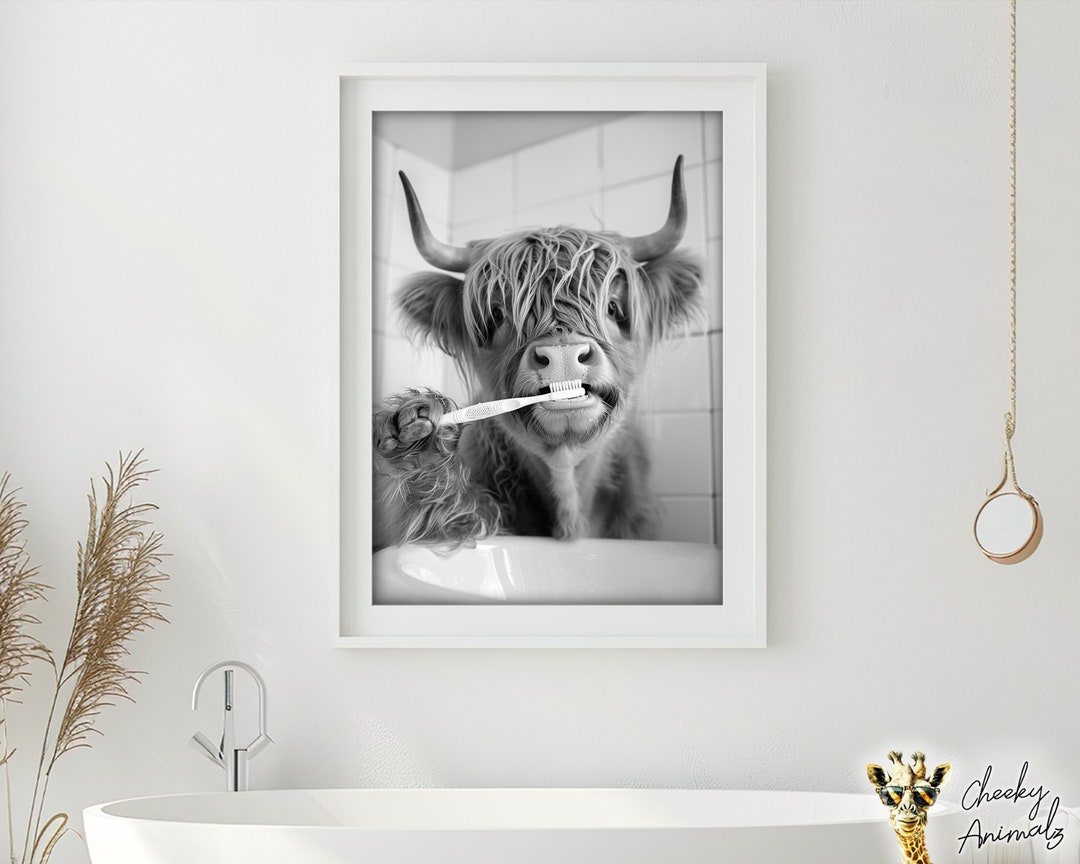 Funny Bathroom Wall Art, Highland Cow Brushing Teeth, Printable ...