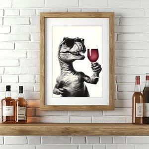 T-rex Drinking Red Wine, Funny Kitchen Wall Art, Home Bar Decor, Funny ...