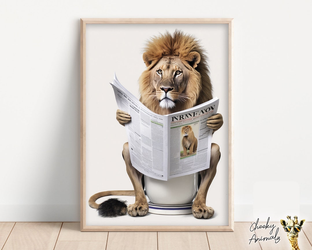 Lion Sitting on the Toilet Reading a Newspaper, Funny Bathroom Humor ...