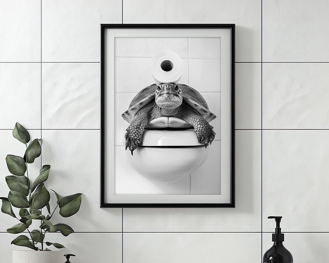 Turtle With a Toilet Paper Roll on Head, Funny Bathroom Wall Art ...