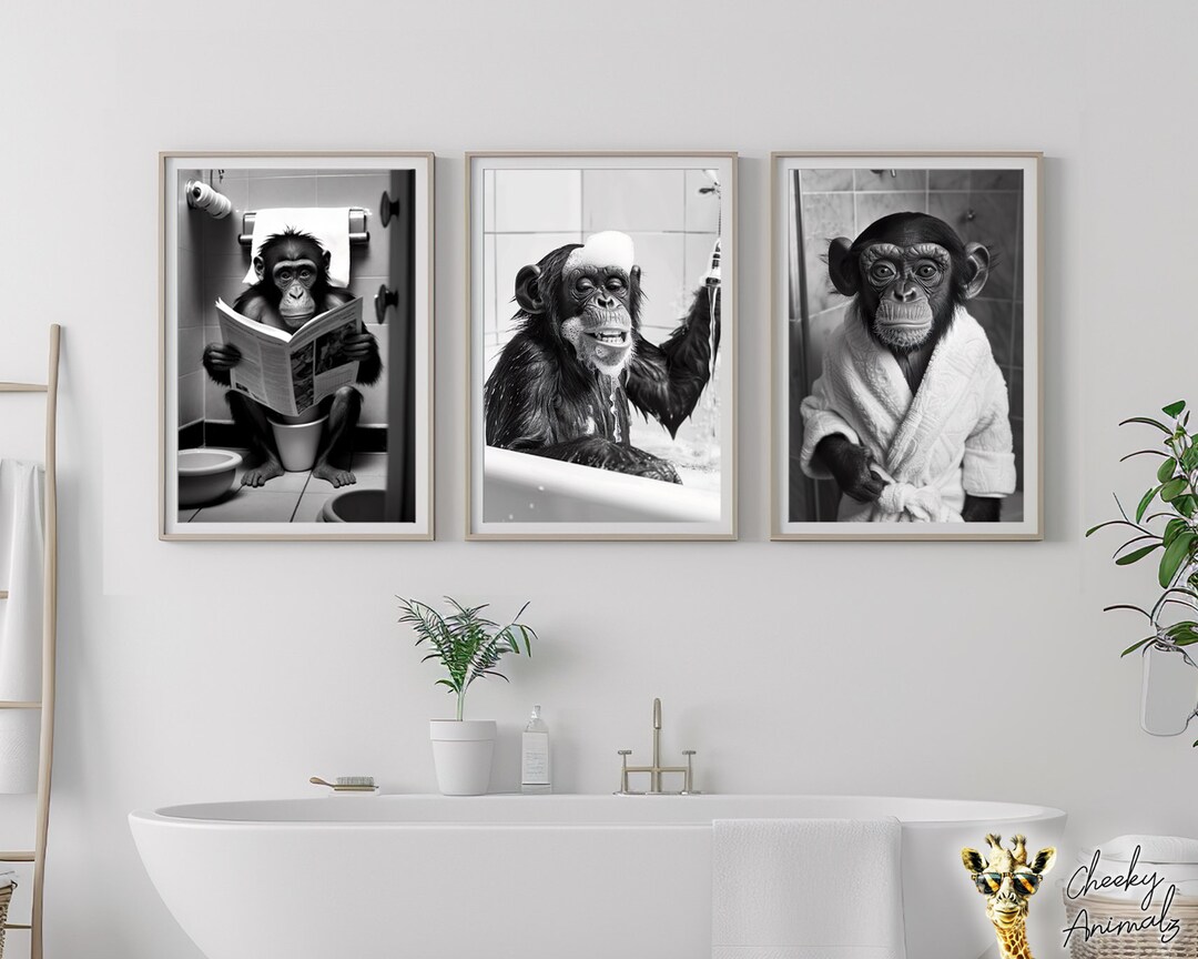 Funny Monkey Bathroom Wall Art, Bundle of 3, Bathroom Prints, Monkey in ...