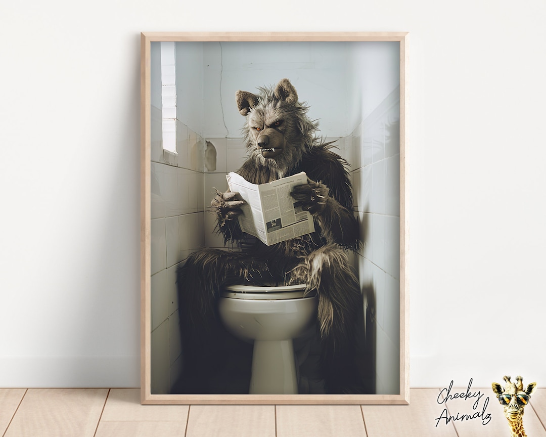 Werewolf Sitting on the Toilet Reading a Newspaper, Funny Bathroom ...