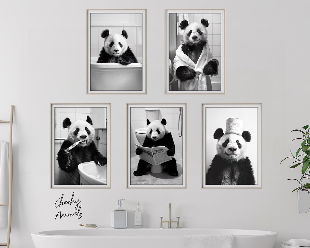 Funny Panda Wall Art Bundle of 5, Animal Bathroom Photo Print Set ...