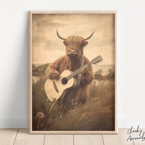 Highland Cow Playing Guitar, Funny Vintage Animal Print, Cow Photograph ...