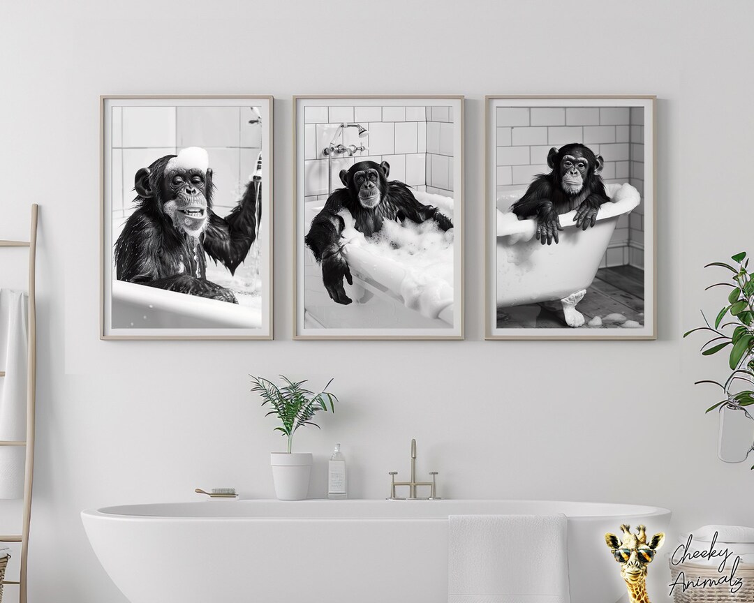 Monkeys in a Bubble Bath, Bundle of 4, Funny Bathroom Wall Art, Quirky ...